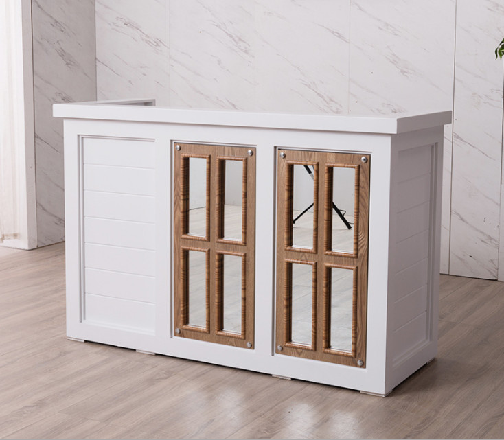 Nordic Design White Reception Desk With Display Case Mirror Customized Size